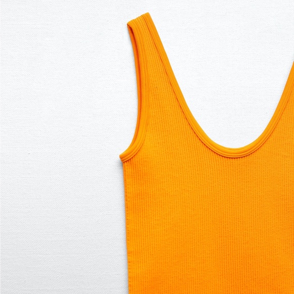 Zara | Tops | Zara Neon Orange Tank Top Bodysuit Stretch Ribbed ...